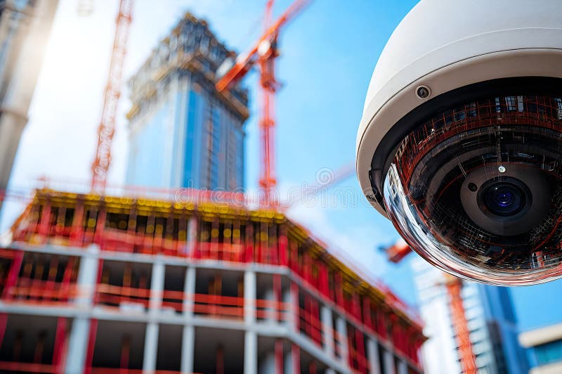 Security Camera Monitoring Construction Site with Cranes and Skyscraper ...