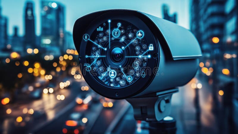 Modern Security Camera Monitors Urban Activity. Cityscape Lights Blur ...