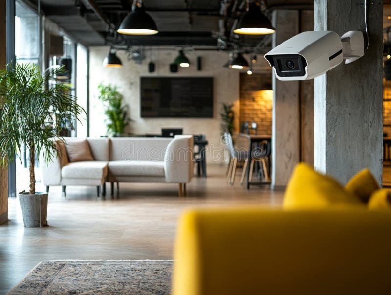 Modern Security Camera Mounted on a Concrete Wall in a Lobby Stock ...