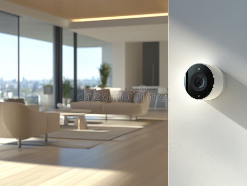 Modern Security Camera Mounted on a White Wall in a Blurred Living Room ...