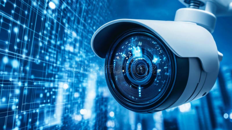 Modern Security Camera Observing City with Digital Circuit Board ...