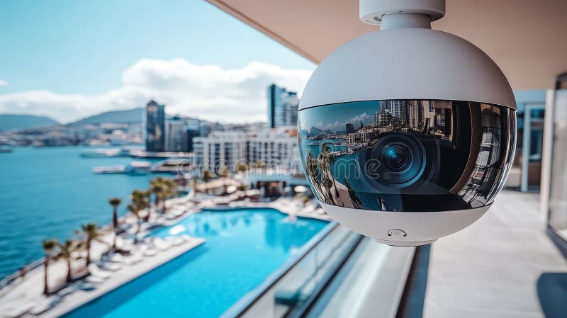 Modern Security Camera Overlooking Luxury Waterfront Resort with Scenic ...