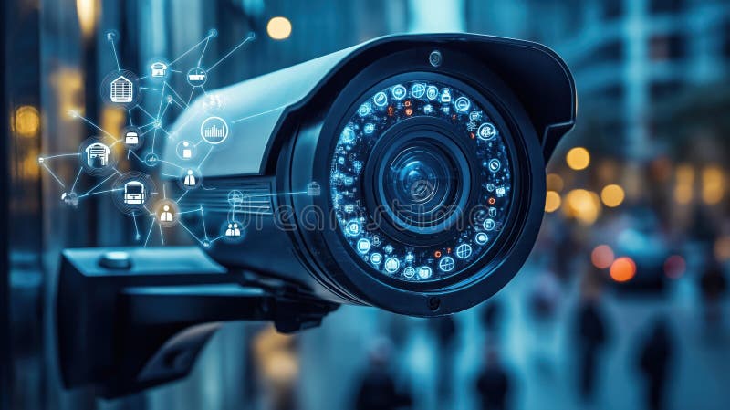 Modern Security Camera in Urban Setting. Network Connections, Data Flow ...