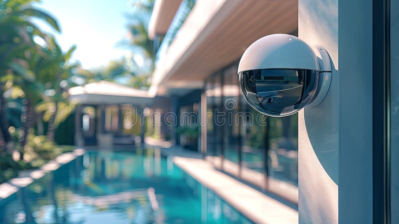 Modern Security Camera on a Wall Overlooking a Luxury Poolside Setting ...
