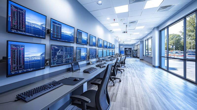 Modern Security Office with Multiple Monitors in a Bright Workspace ...