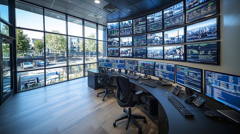 Modern Security Operations Center with Multiple Monitors and City View ...