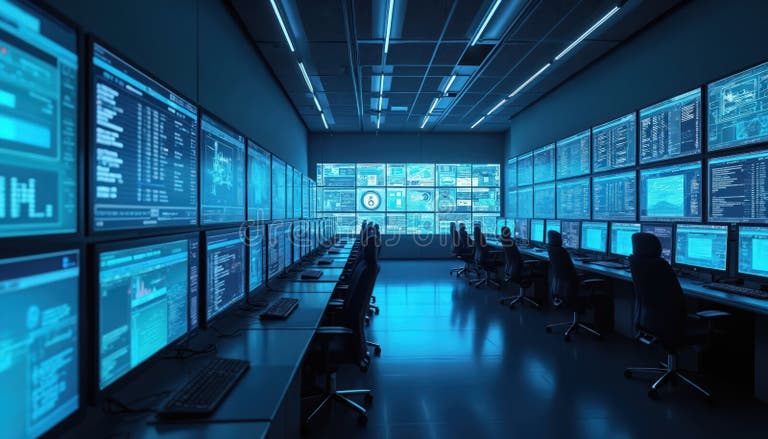 Modern Security Operations Center. Multiple Screens Display Code ...