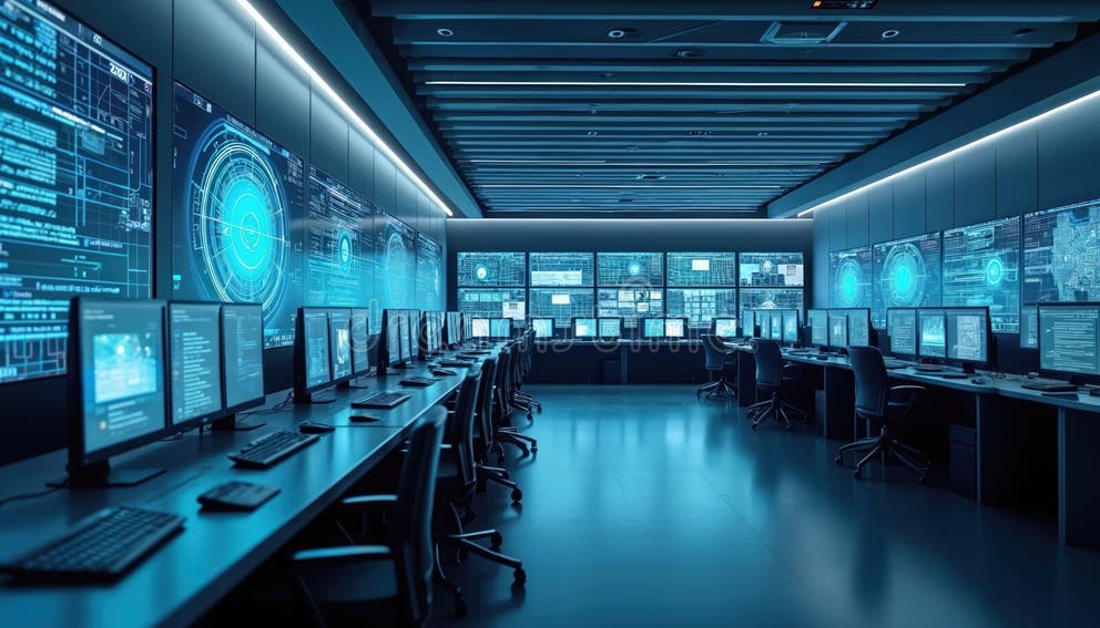 Modern Security Operations Center Multiple Screens Displaying Complex Data Visualizations ...