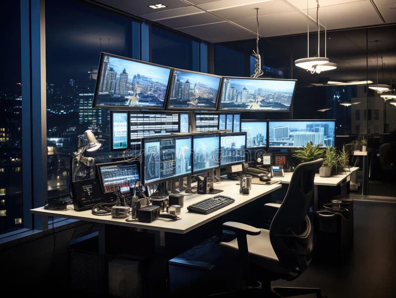 Modern Security Station with Multiscreen Surveillance System Stock ...