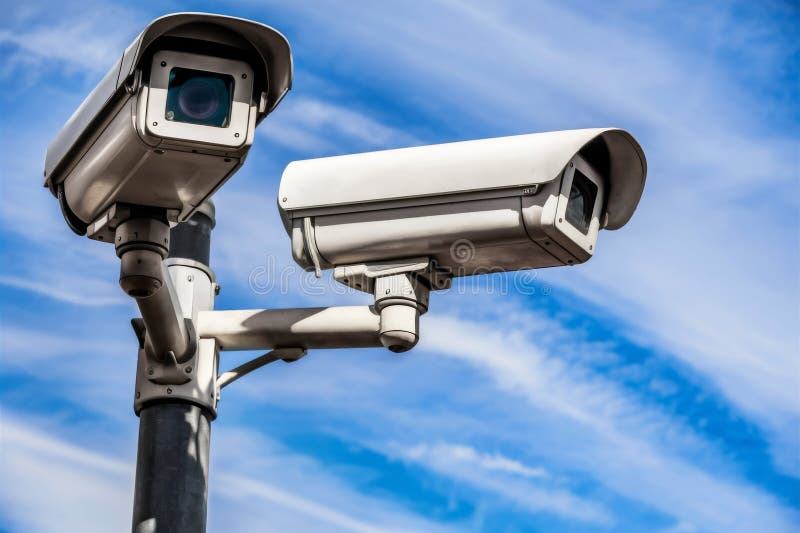 Modern Security Surveillance Cameras on Street Lamp Post with Blue Sky ...