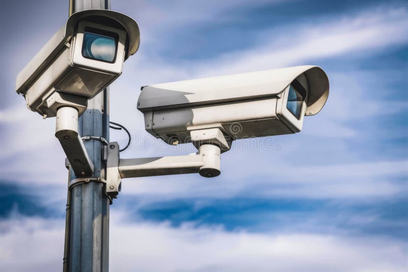 Modern Security Surveillance Cameras on Street Lamp Post with Blue Sky ...