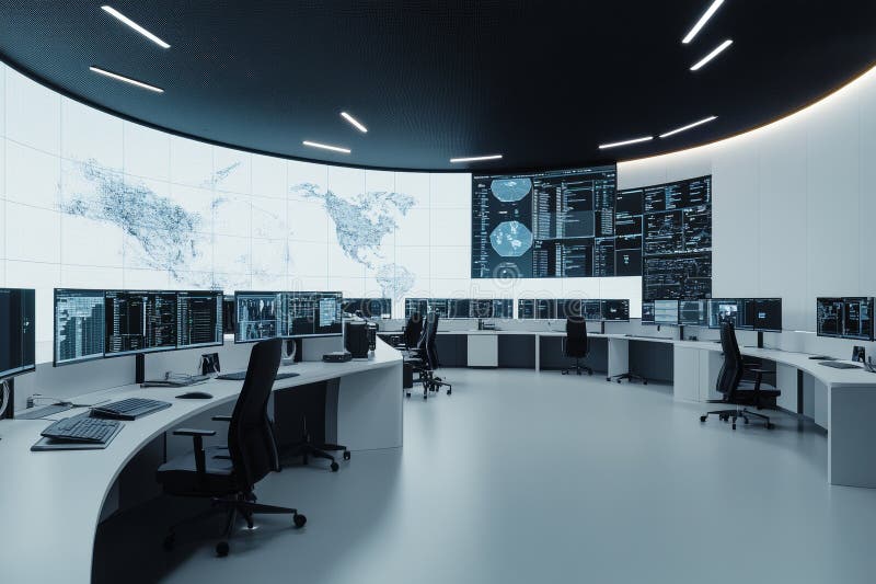 Modern Security System Control Room, Workstation with Multiple Displays ...