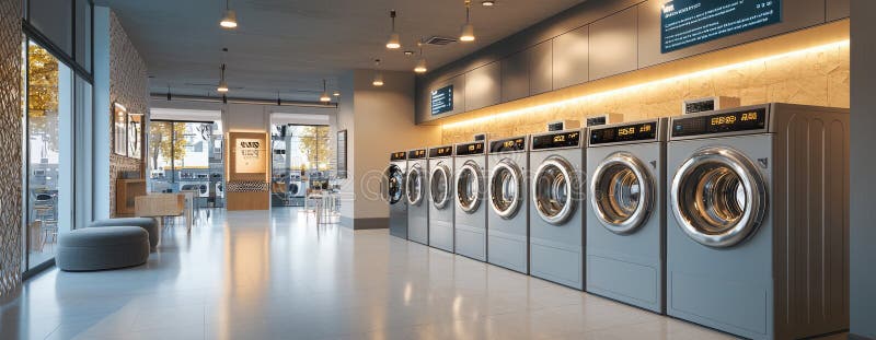 Modern Self-service Laundromat with Row of Washing Machines in Bright ...
