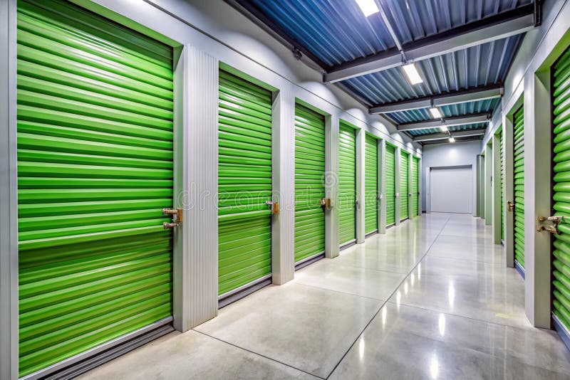 Modern Self Storage Facility with Bright Green Metal Roll Up Doors ...