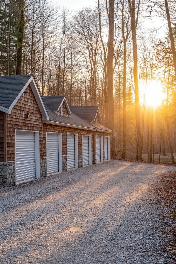 Modern Self Storage Facility Units with White Roll Up Doors Bathed in ...