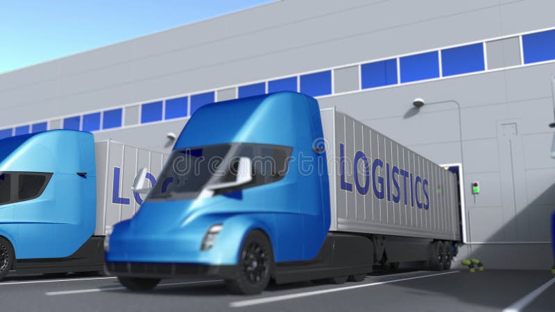 Modern Semi-trailer Trucks at Warehouse Loading Dock with LOGISTICS ...