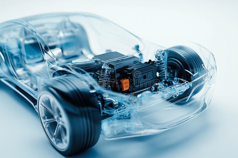 Modern Semi Transparent Electric Car with Its Engine and Transmission ...