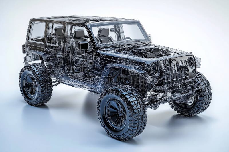 Modern Semi Transparent Large SUV Jeep with Its Engine and Transmission ...