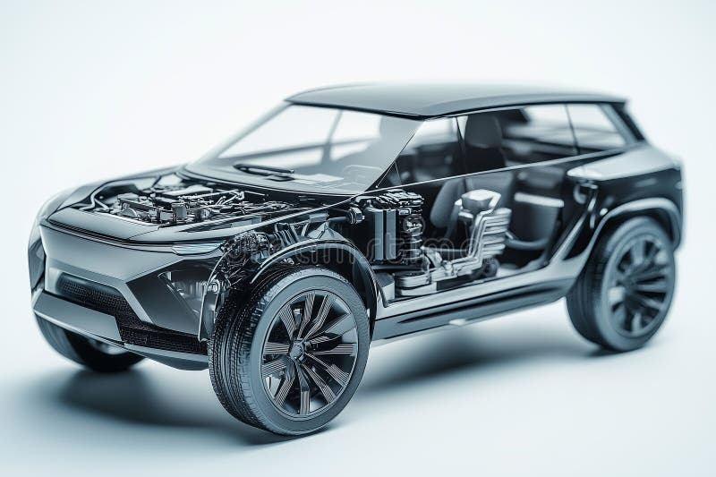 Modern Semi Transparent SUV Crossover with Its Engine and Transmission ...