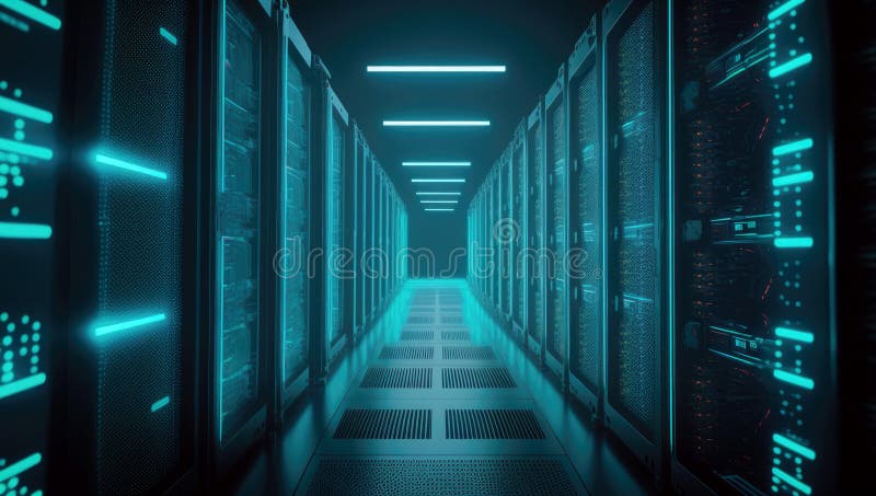 Modern Server and Data Storage Room with a Corridor Lit Up by Blue ...