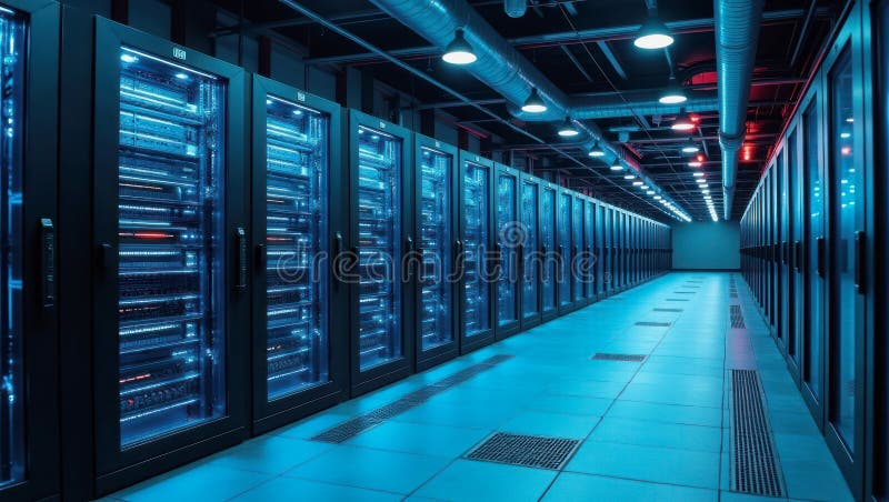 Modern Server Hall with Advanced Technology and Blue Lighting Setup ...