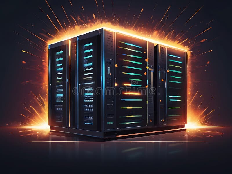 Powerful Server Rack Blazing with Energy Sparks Stock Illustration ...