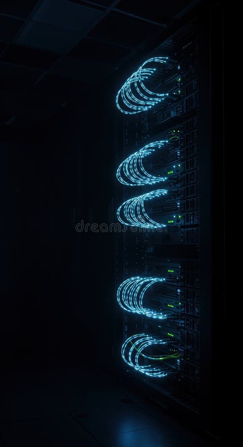 A Modern Server Rack Filled with Glowing Blue Optical Fiber Cables ...