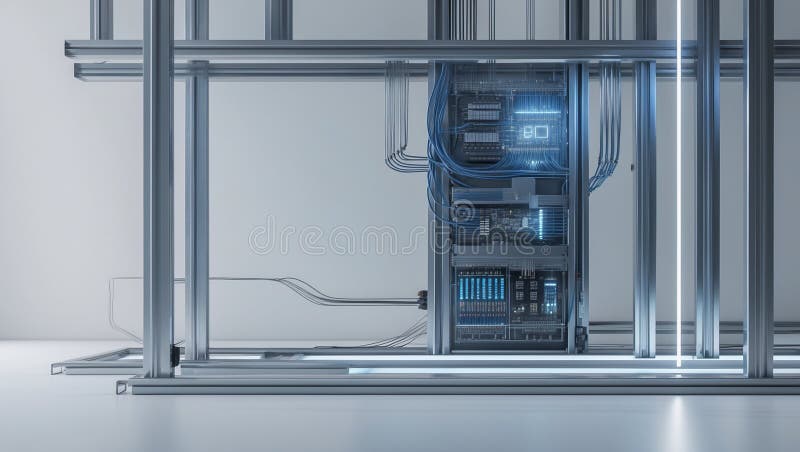 Modern Server Rack with Glowing Blue Lights Stock Illustration ...