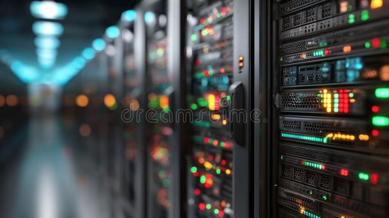 Modern Server Rack with Multiple Blade Servers Running Hypervisor ...