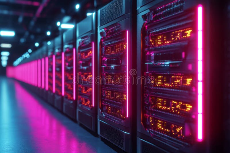 Modern Server Racks with Glowing Lights Illuminating a Data Center ...