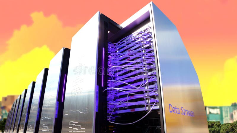 Modern Server Racks with Purple Lighting and Data Stream Text Stock ...