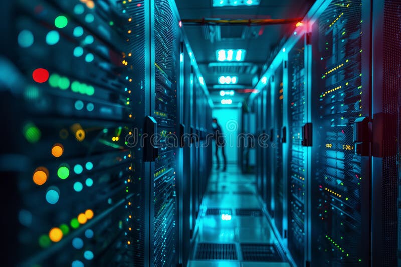 A Modern Server Room with Ambient Lighting with Hundreds of Servers in ...