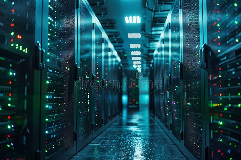 A Modern Server Room with Ambient Lighting with Hundreds of Servers in ...