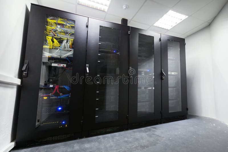 Modern Server Room with Black Computer Cabinets Stock Photo - Image of ...