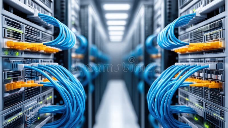 A Modern Server Room with Blue Cables Connecting Data Center Equipment ...