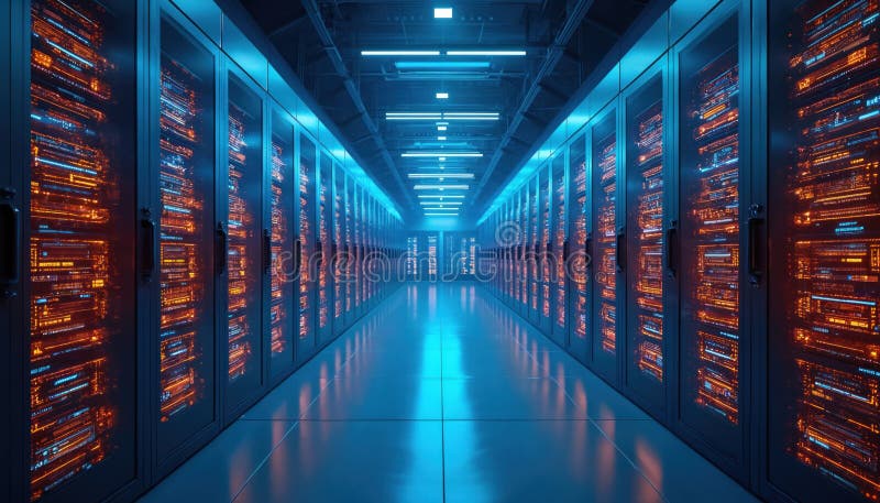 Modern Server Room with Blue Lights and Lines. Super Computer Room ...