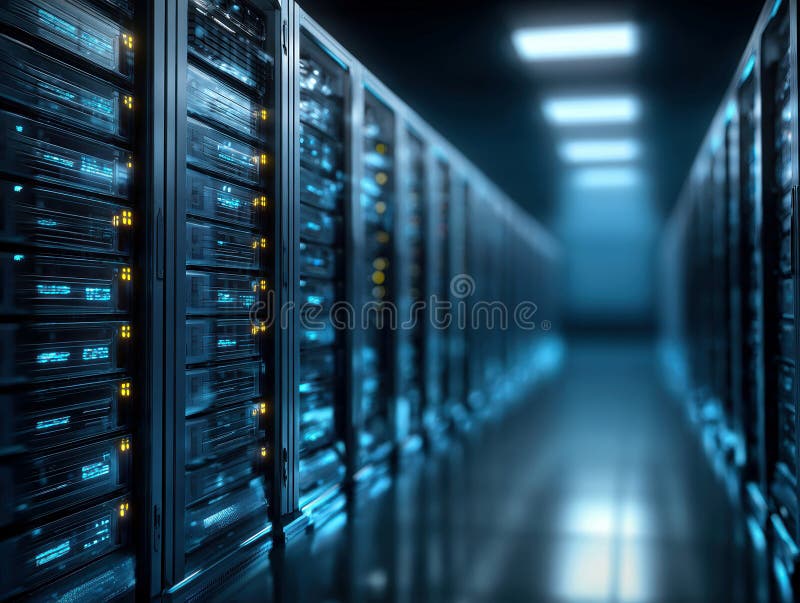 Modern Server Room with Blue-lit Racks, Showcasing a Complex Network ...