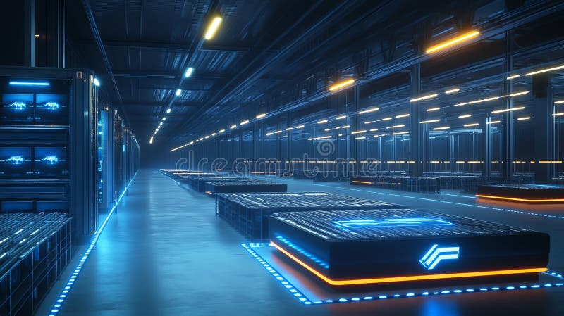 Modern Server Room with Blue and Orange Lights, Showcasing Rows of ...