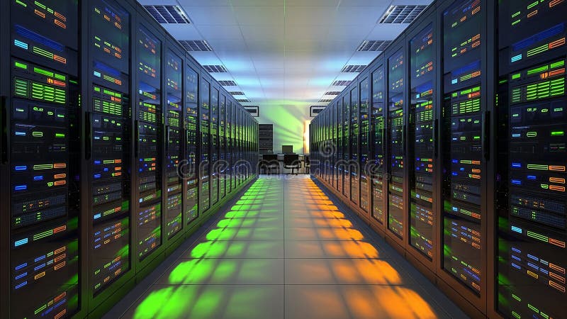 Modern Server Room with Colorful LED Lights Indicating Network Activity ...