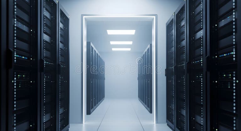 Modern Server Room Corridor with Rows of Illuminated Racks and Bright ...