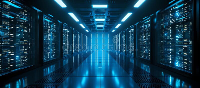 Futuristic Data Center with Blue Lights. Servers and High-tech Interior. Concept of Cloud ...