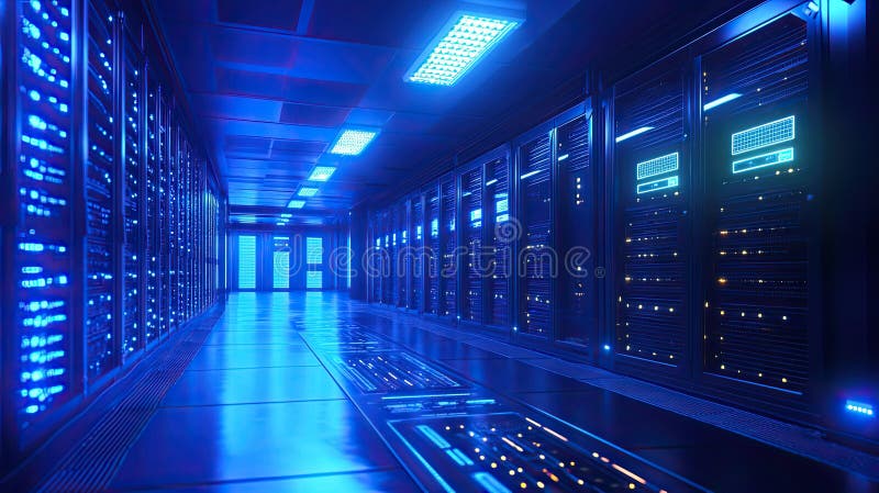 Modern Server Room Data Center with Blue Lights Stock Image - Image of ...