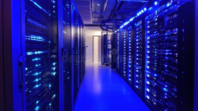 Modern Server Room Emitting Blue Light with High-tech Reflections Stock ...