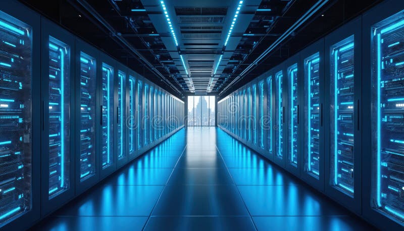 Modern Server Room Features Rows of Server Racks Emitting Blue Light ...