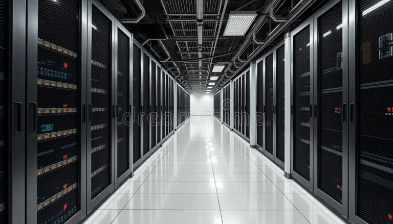 A Modern Server Room Featuring Rows of Tall, Black Server Racks Lining ...