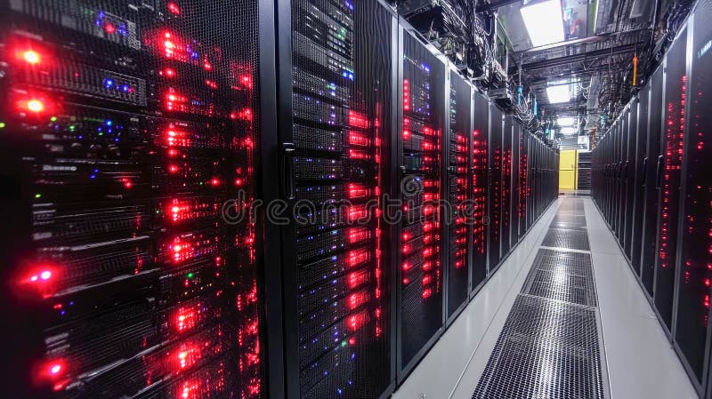 Modern Server Room Filled with Racks of Servers Glowing with Colorful ...