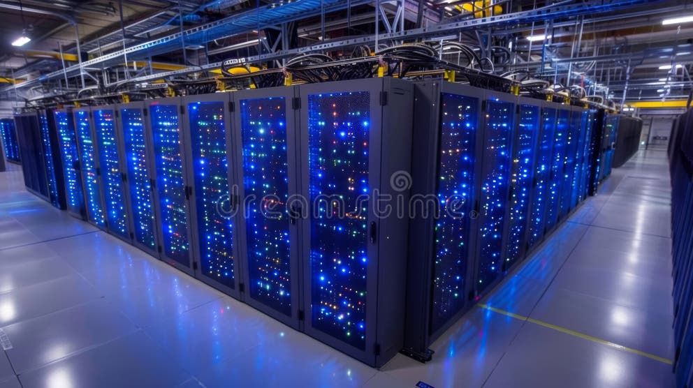 High Tech Server Room with Illuminated Server Racks Showcasing Advanced ...
