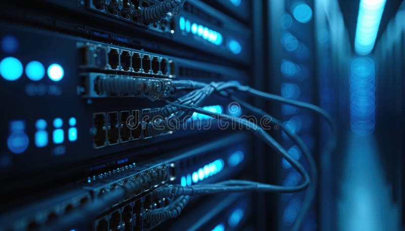 Modern Server Room with Glowing Blue Lights on Computer Racks, Data ...