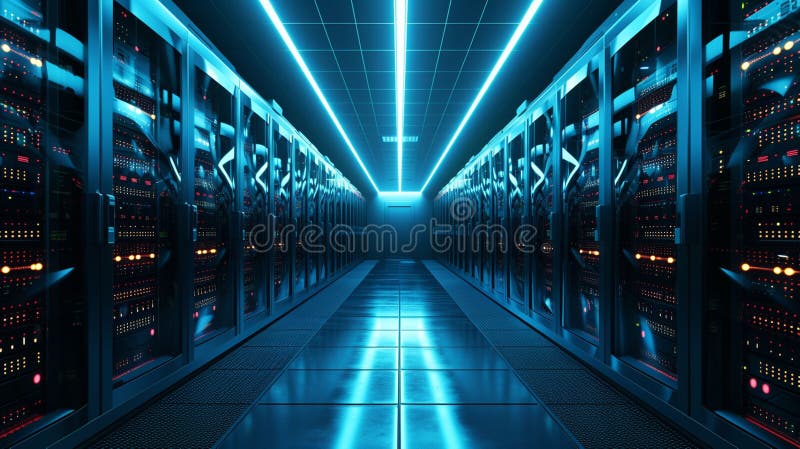 Modern Server Room with Glowing Blue Lights and Rows of Data Storage ...