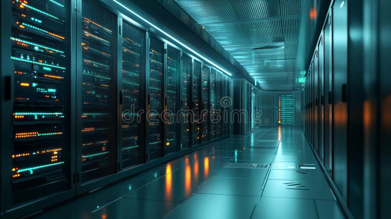 Modern Server Room Glowing with Blue-toned Lighting Tech Stock ...